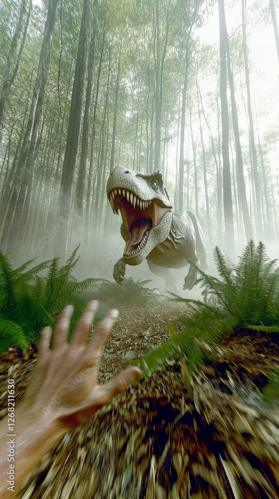 Terrifying scene of a T-Rex chasing a person in a misty prehistoric ...