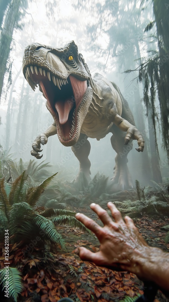 Intense first-person perspective of a roaring T-Rex lunging forward in ...
