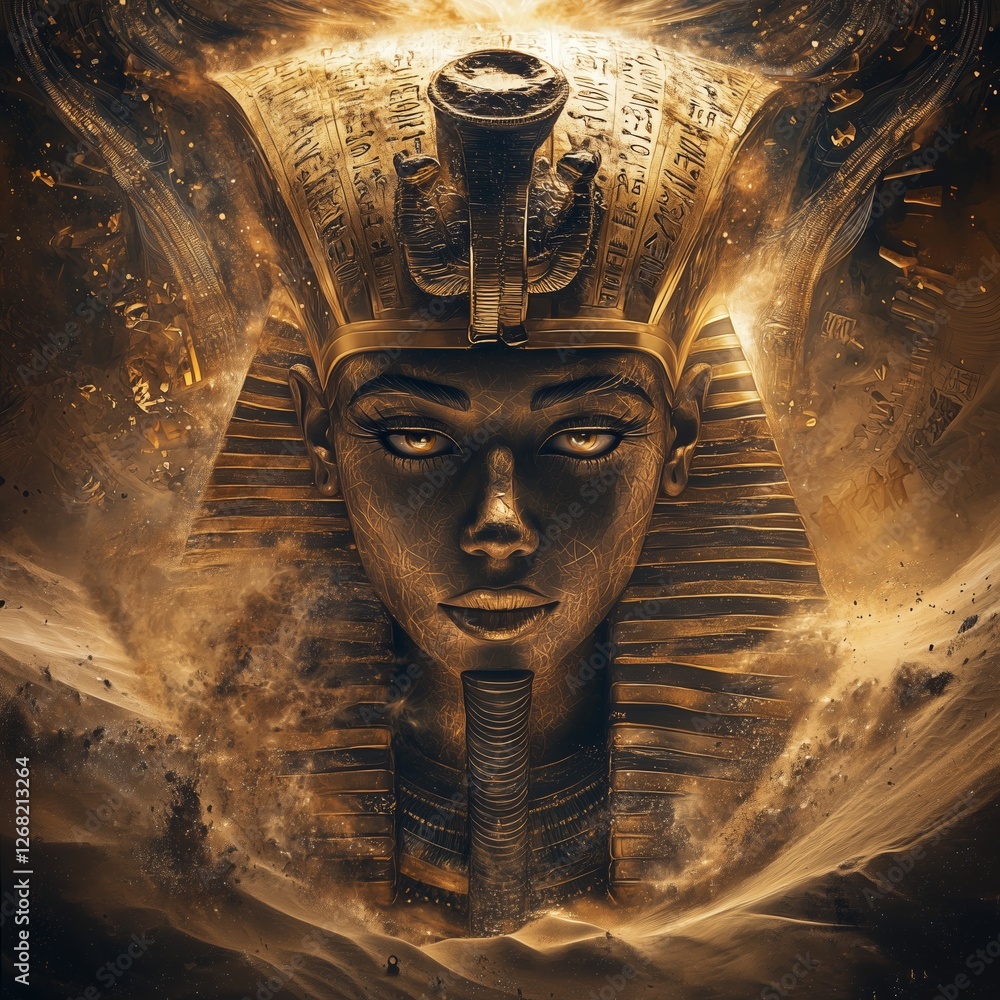 Ancient Egyptian pharaoh emerging from swirling golden sands, exuding ...