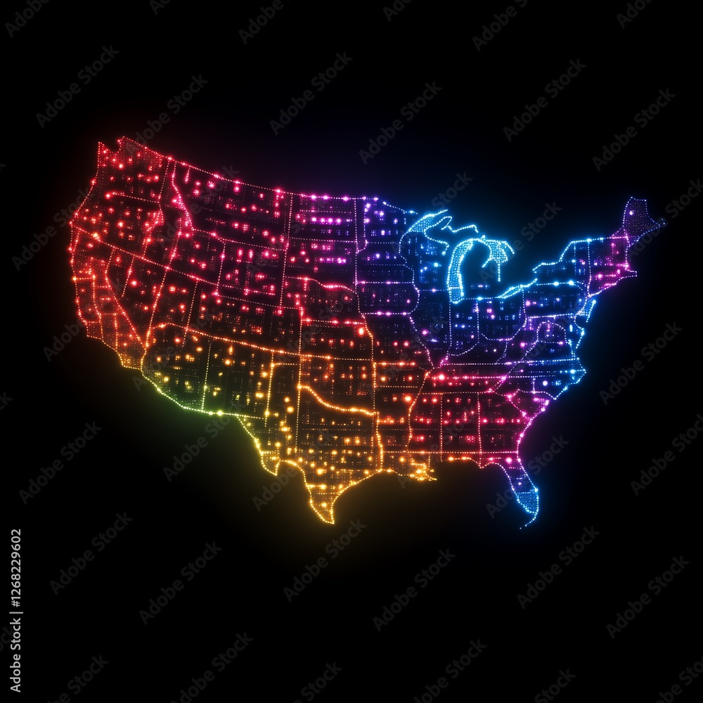 USA Map, Digital Network, Colorful, Background Shows Regions Stock ...