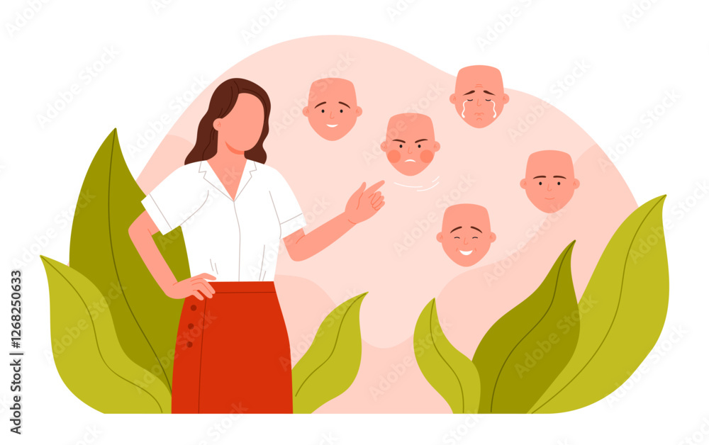 Hypocrisy, dishonesty of person with fake emotions, false identity ...