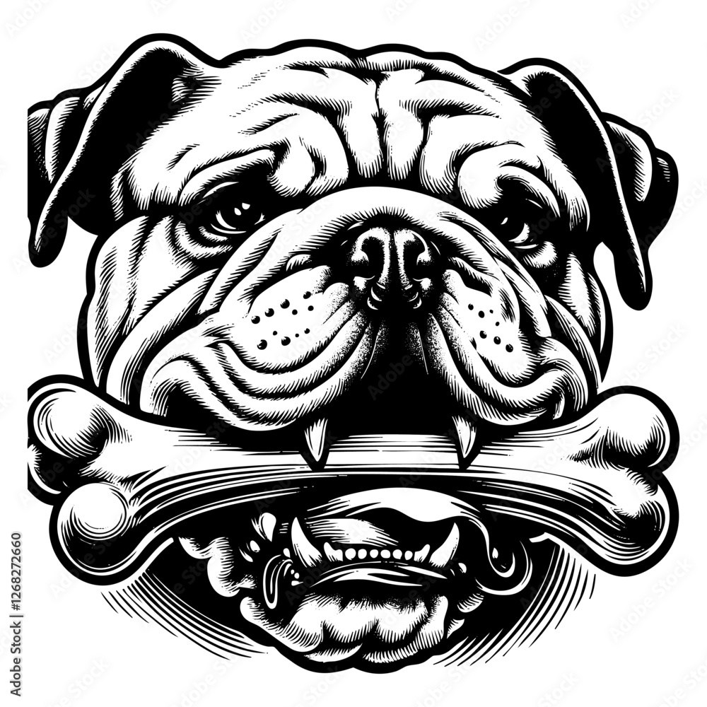 pitbull dog bite bone sketch engraving black and white outline. Scratch ...