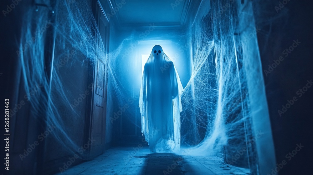 Spooky figure draped in white sheet with black hollow eyes standing in ...