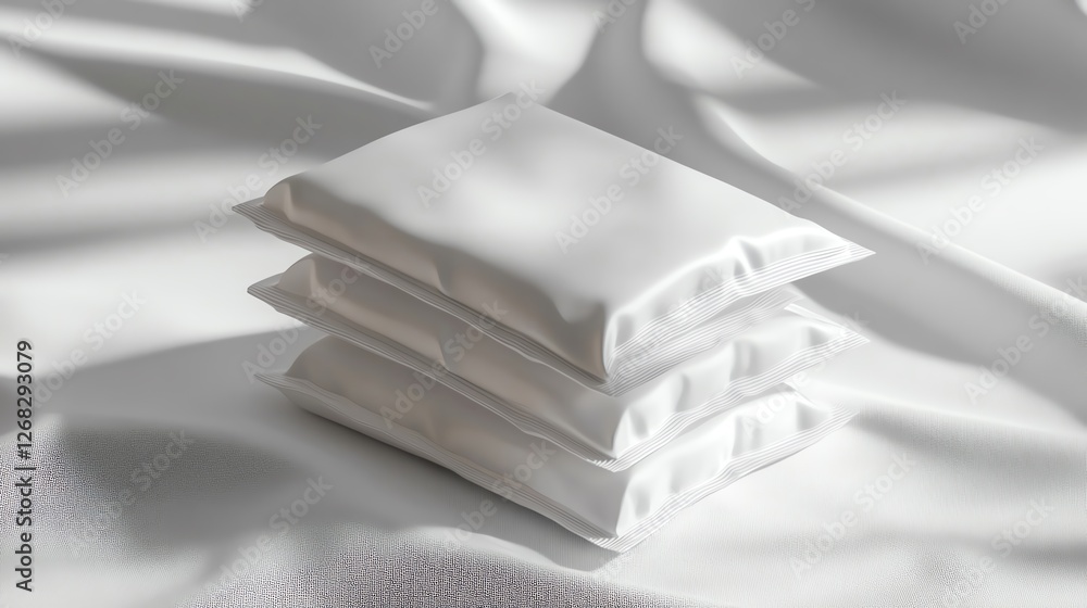 Elegant white sachet packet stack mockup, smooth surface texture ...