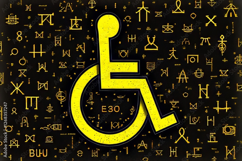 Yellow Disability Symbol on Dark Background with Ancient Symbols E30 ...