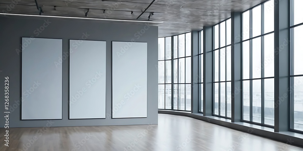 Modern gallery interior with blank canvas and curved panoramic windows ...