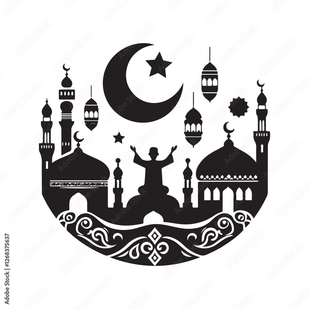 Eid Mubarak Silhouette Vector Illustration, Solid White Background ...