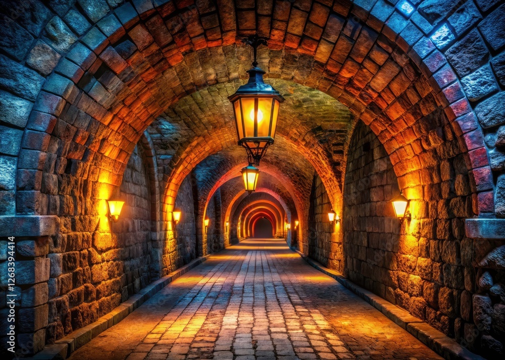 Rule of thirds photography unveils a hidden arched stone tunnel, dimly lit by flickering ...