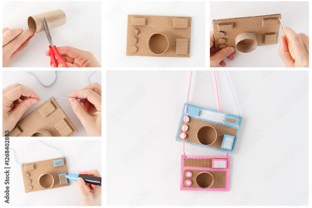 DIY cardboard camera craft step-by-step assembly. cutting, assembling a ...