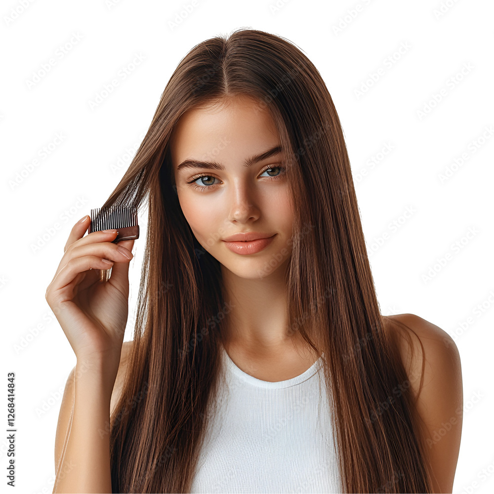 20 year old girl taking care of her hair: Hand combing, using hair oil ...