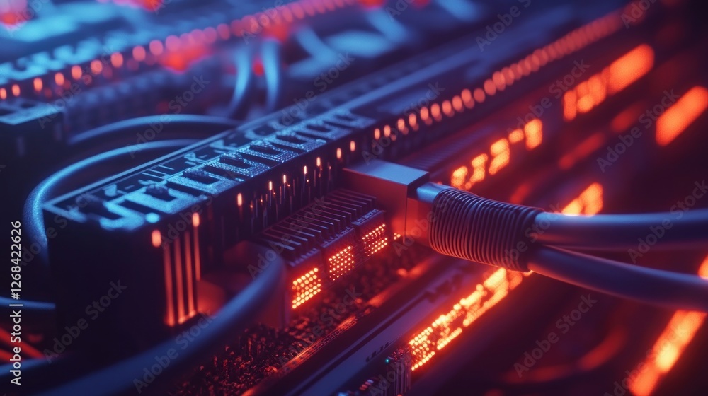 Close-up GPU connection, server rack, data center, glowing lights, technology background Stock ...