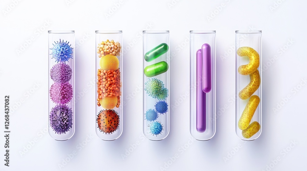 Colorful test tubes filled with various vibrant shapes and textures ...