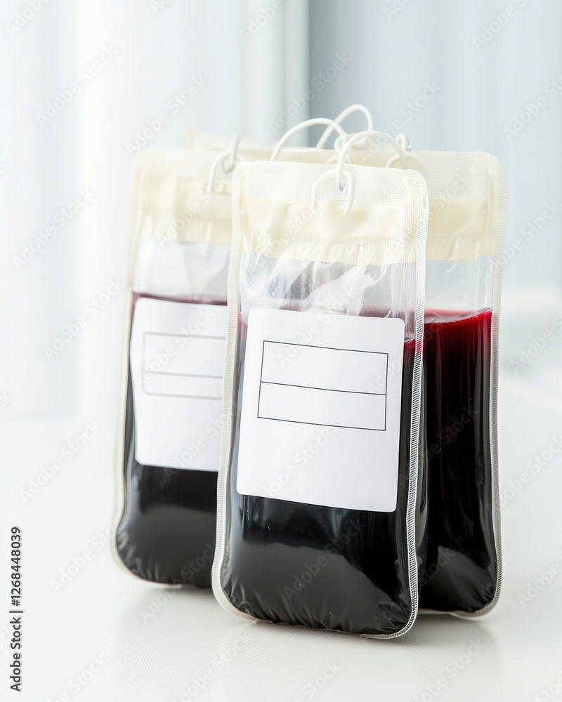 Donate blood and plasma concept. Collection of plasma bags with ...