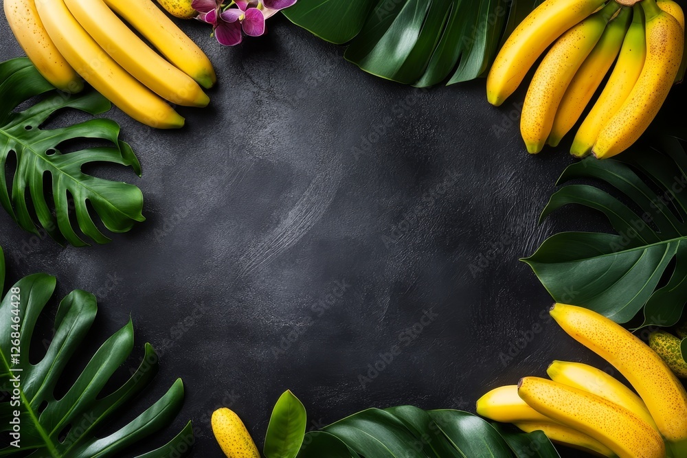 Tropical background with bananas and leaves on a black table, flat lay ...