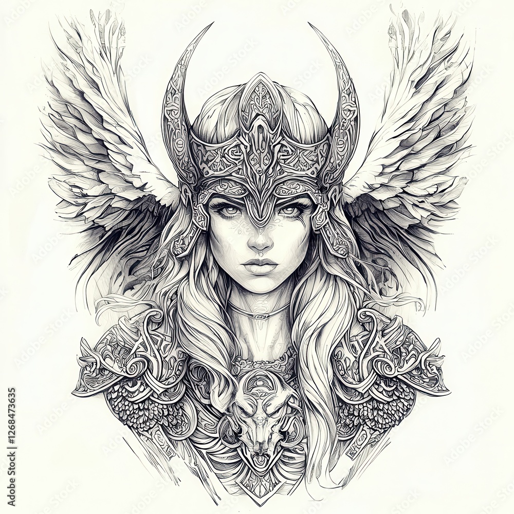Intricate Valkyrie Tattoo Design with Armor and Winged Helmet Stock ...