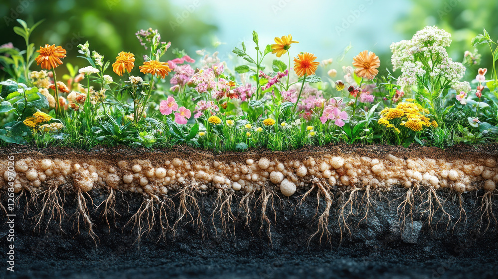 Plant root system diagram showing nutrient absorption and symbiotic ...
