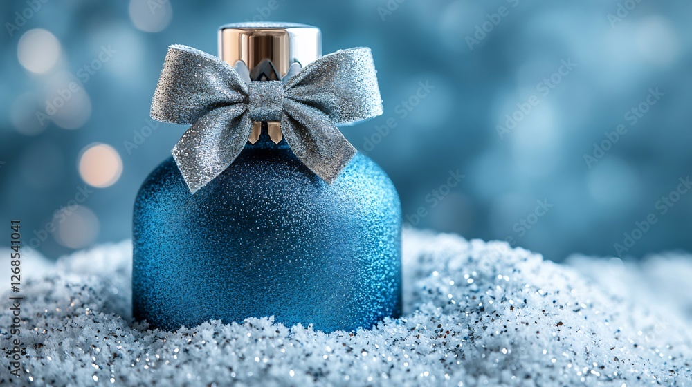 Elegant blue perfume bottle rests softly in sparkling snow a serene ...