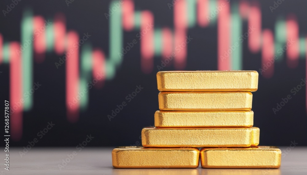 funds bars mutual concept. Stacks of gold bars in front of a fluctuating financial chart ...
