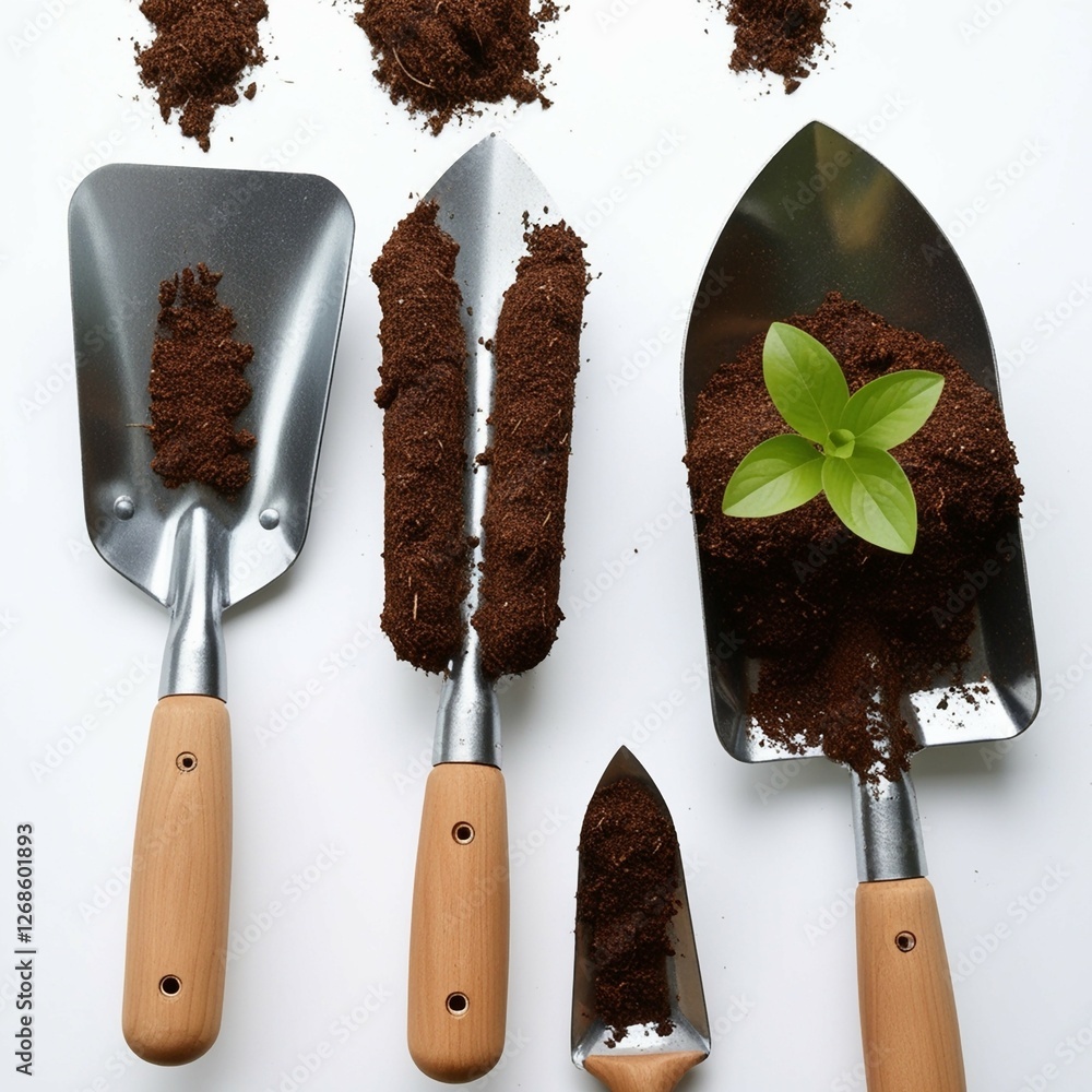 Gardening tools with wooden handles covered in rich soil, featuring ...
