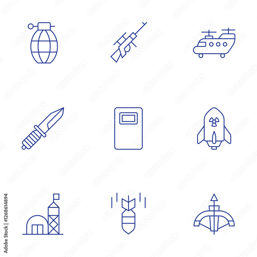 War icons set. Thin Line style, editable stroke. army, bomb, crossbow ...