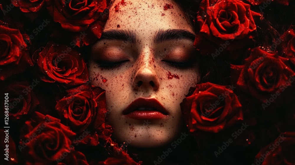 A haunting and beautifully crafted image of a woman’s face amidst blood ...