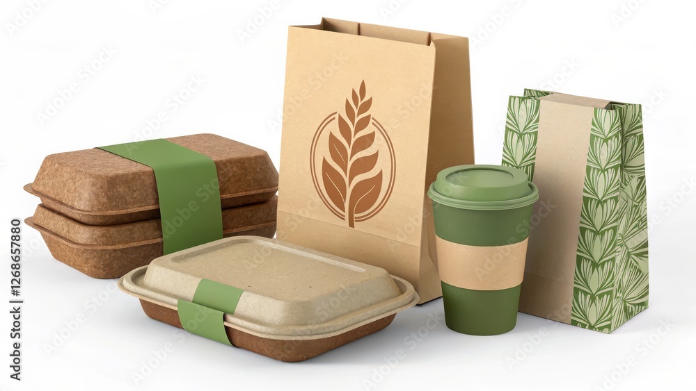 Eco-friendly food packaging featuring takeout containers, paper bags ...
