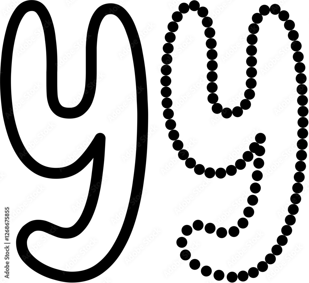 Vector illustration of lowercase letter Y in bold outline and dashed ...