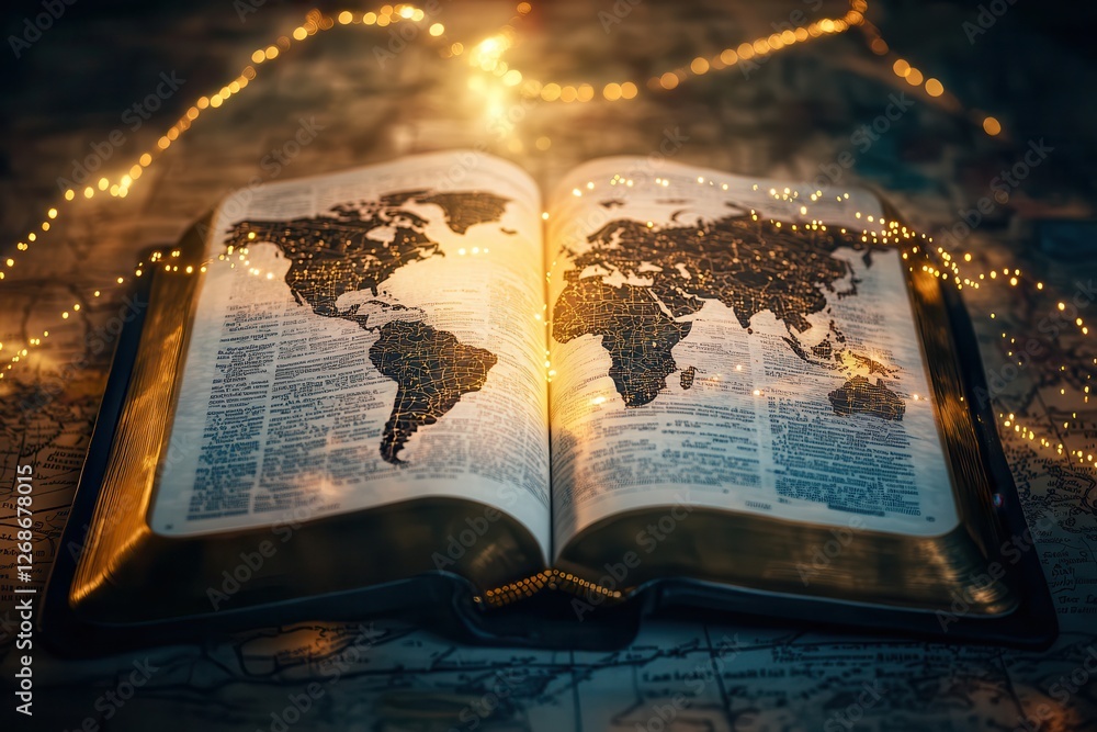 Open Bible resting on a map of the world, with light beams connecting ...