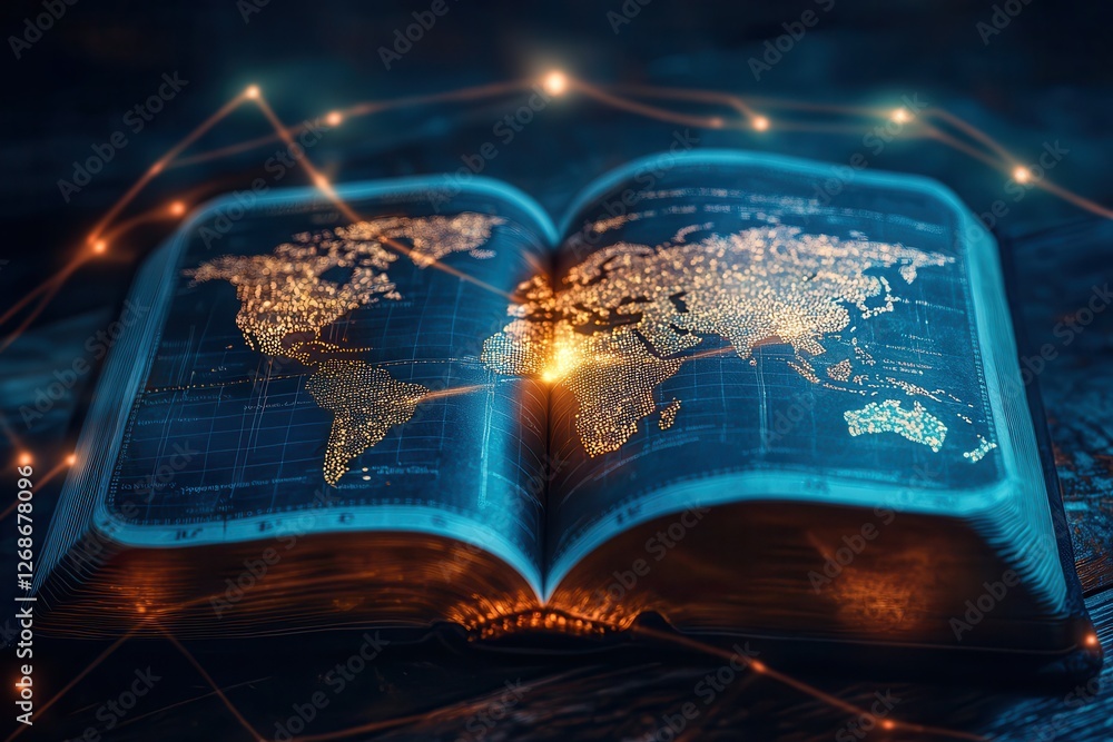 Ilustración de Stock Open Bible resting on a map of the world, with ...