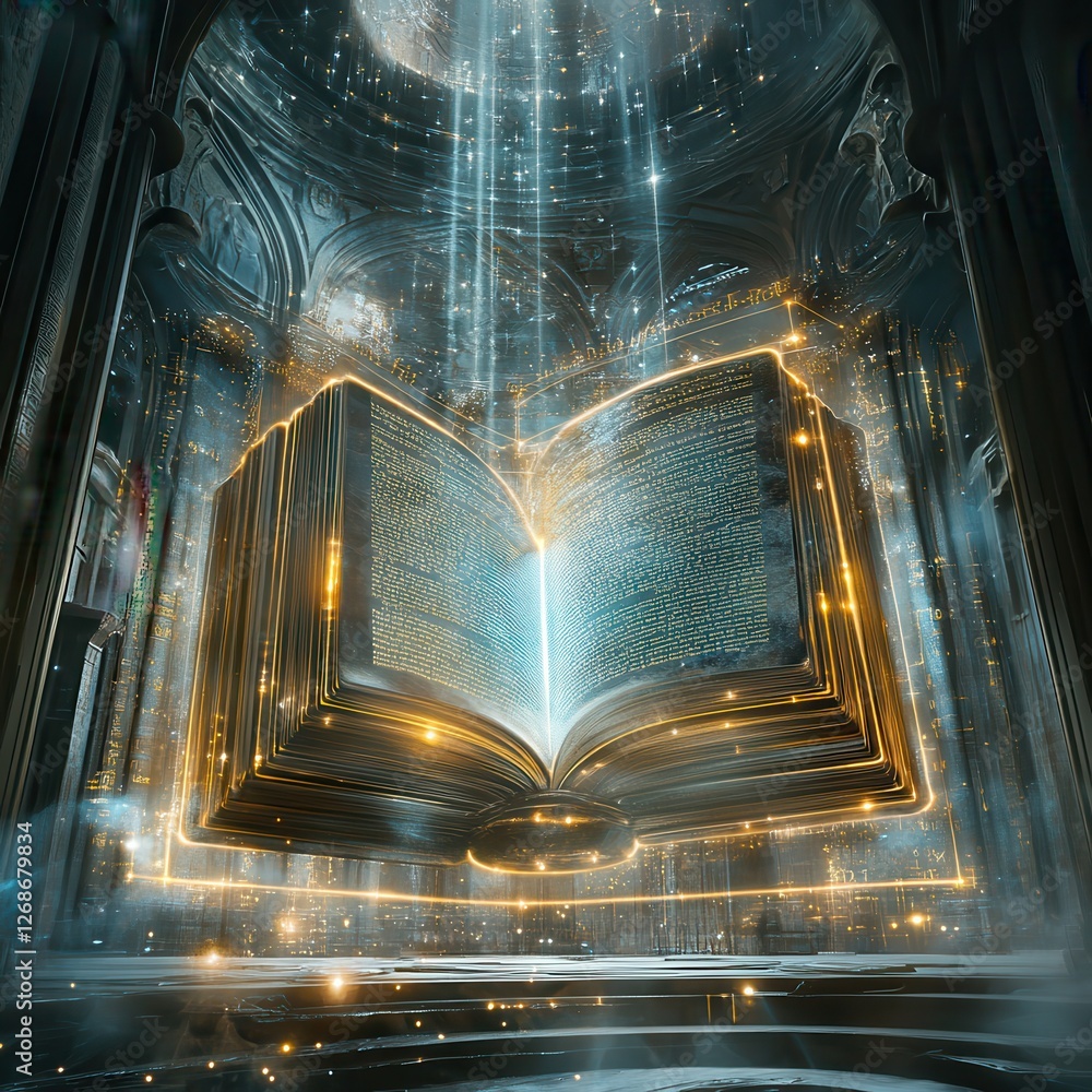 Transparent Bible with glowing text, hovering in a futuristic sanctuary ...