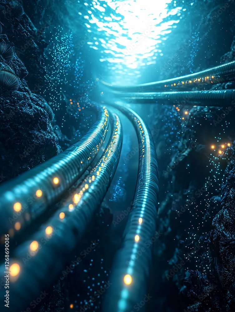 Bioluminescent underwater data centers featuring illuminated cables and ...