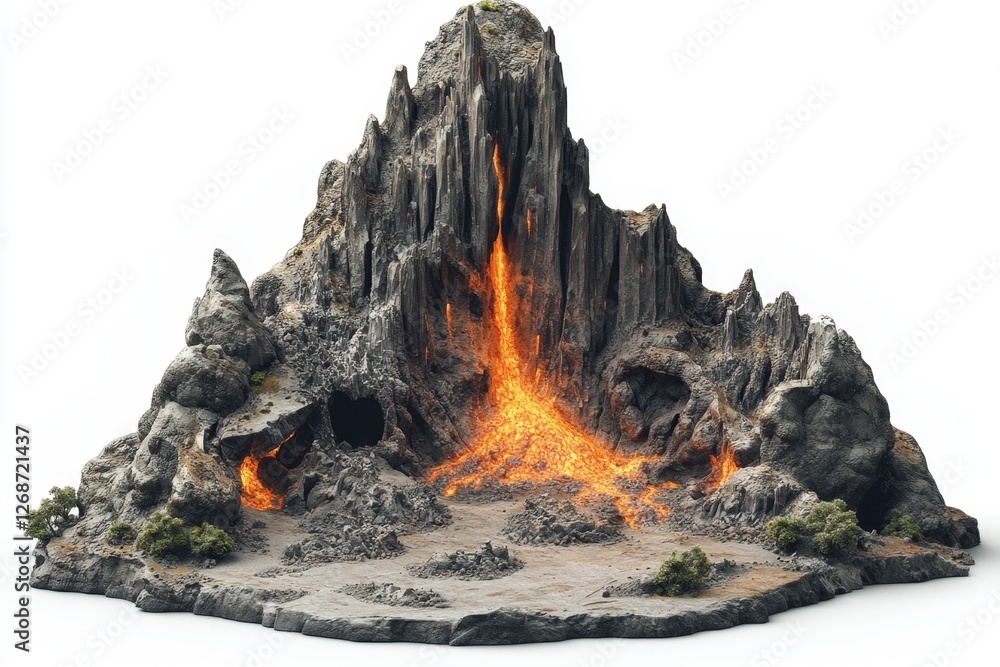 Volcanic eruption, isolated mountain, fiery lava flow, white background ...