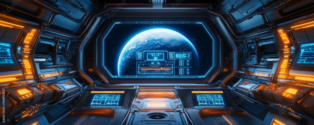 Spaceship Bridge Earth View Cockpit controls, futuristic design, planet visible through window ...