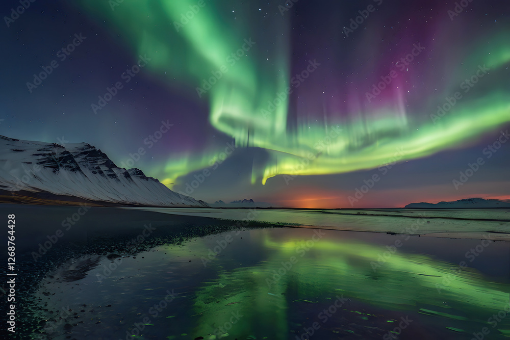 Aurora northern lights in night sky with starry sky over arctic ...