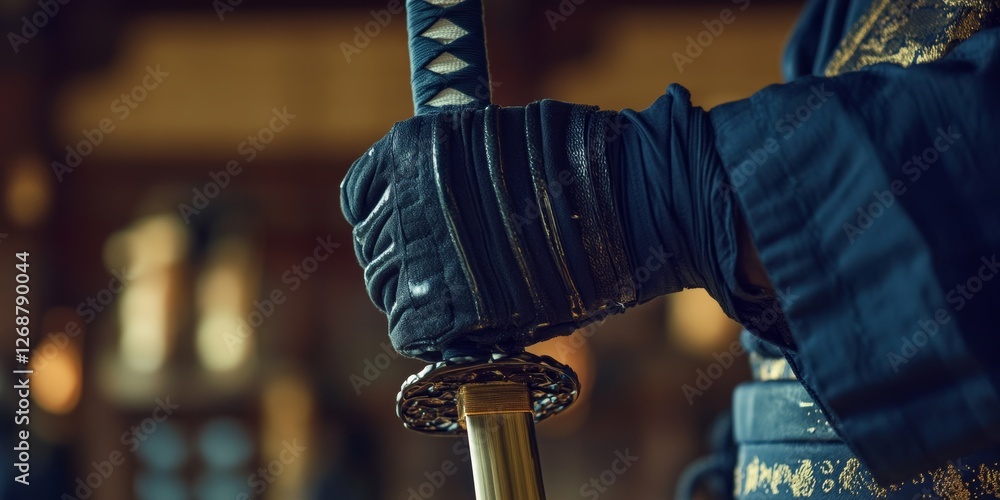 Samurai warrior gripping katana with determination in traditional dojo Stock Photo | Adobe Stock