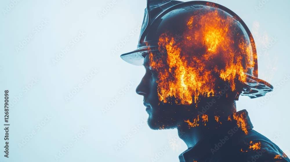 Firefighter silhouette with flames concept, emergency services imagery ...