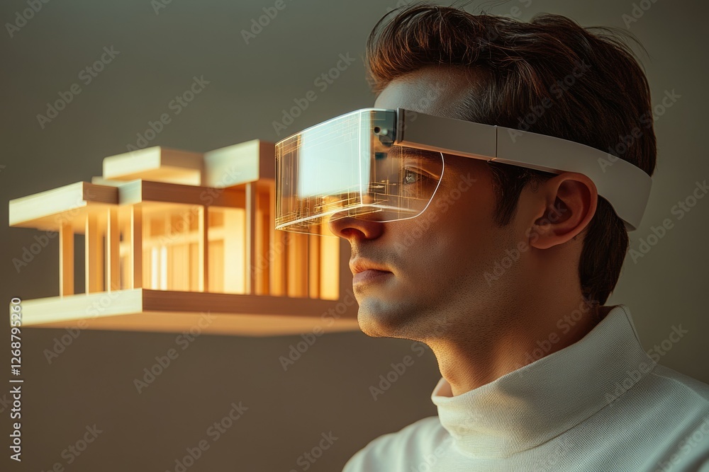 Man using AR glasses to visualize and design a modern house model ...