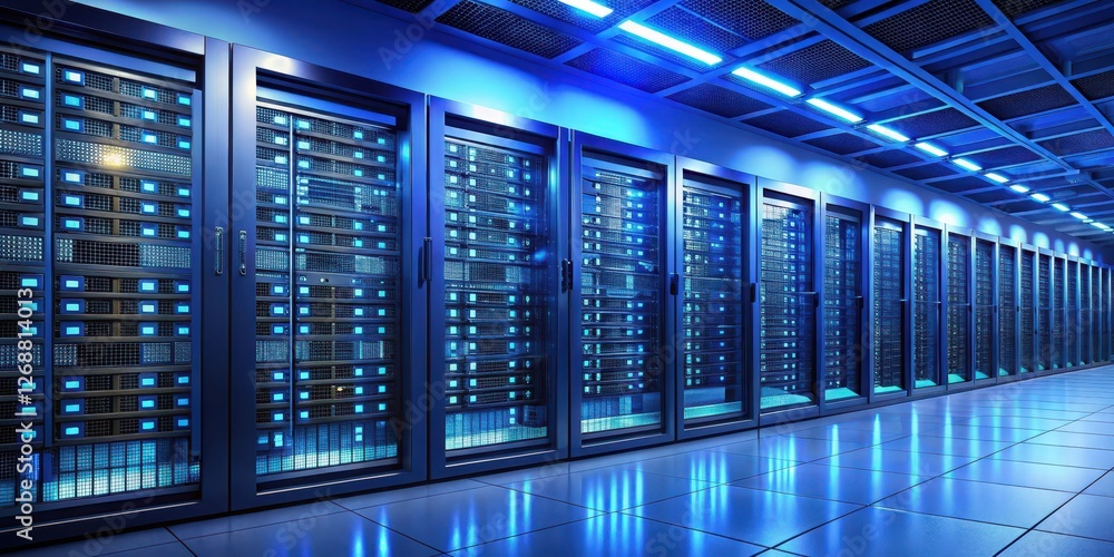 Data center server room with dark blue background and rows of humming ...