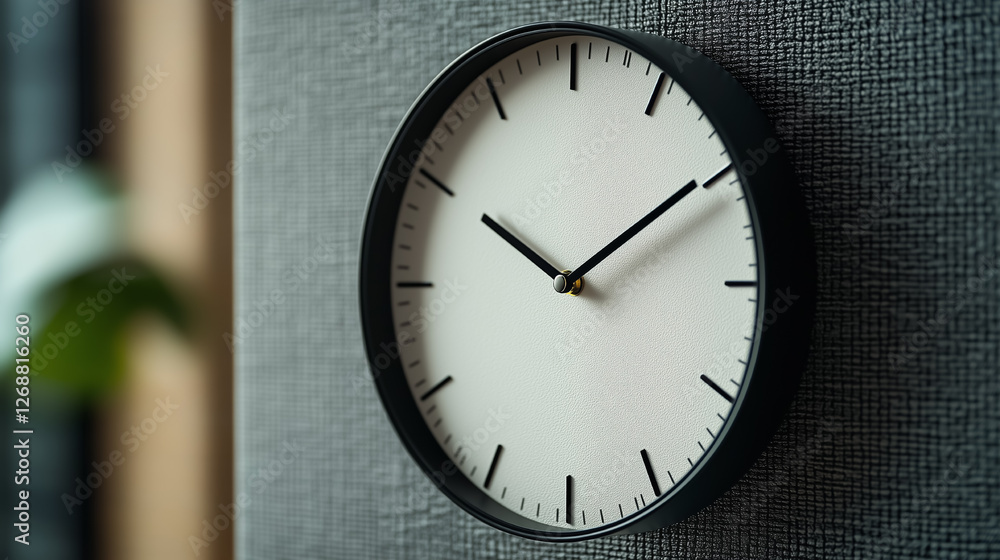 Minimalist wall clock displaying time in a modern interior setting with ...