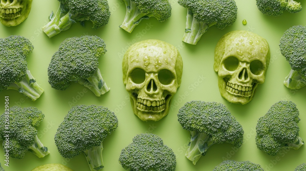 Surreal Cinematic Composition Featuring Broccoli and Chemical Droplets ...