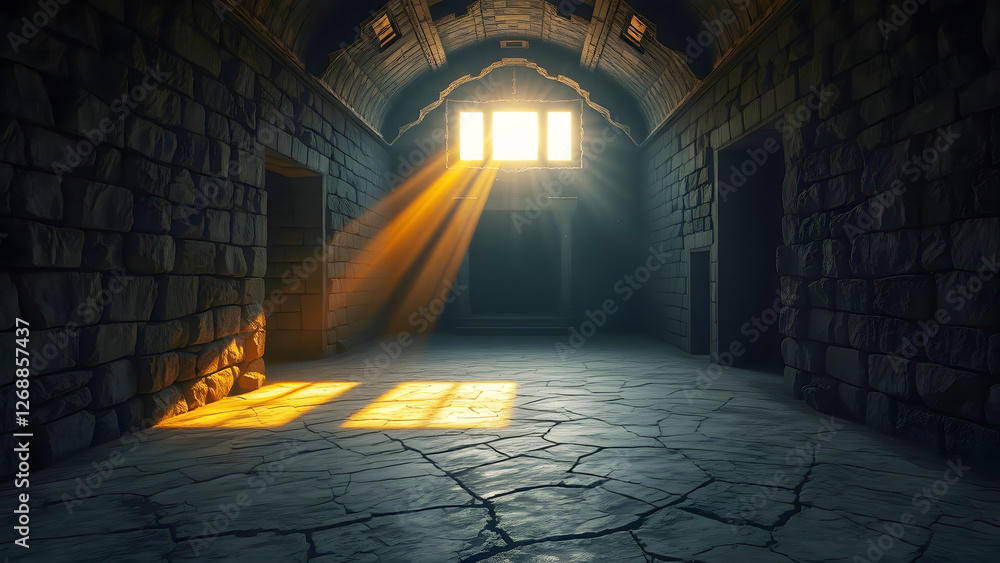 Ancient stone dungeon with a single beam of golden light streaming ...