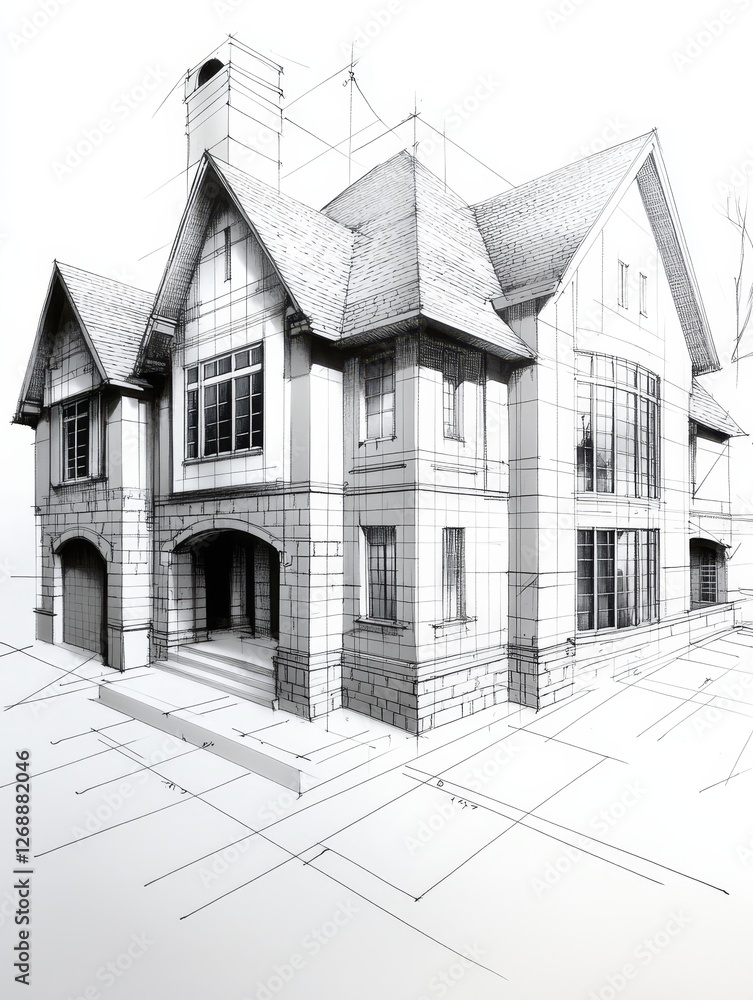 Architectural House Plan Design - Detailed blueprint sketch of a two ...