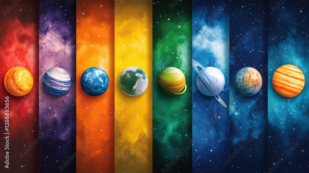 Row of planets in the sky with colorful galaxy and starry night ...