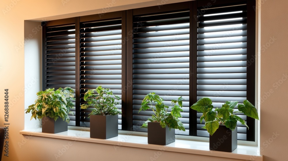 Window with a plant and plantation shutters in a modern lounge interior ...