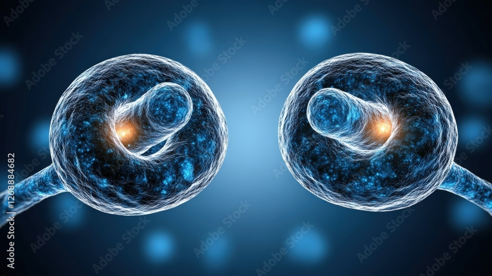 Microscopic view of two neurons with different sized nuclei and cell ...