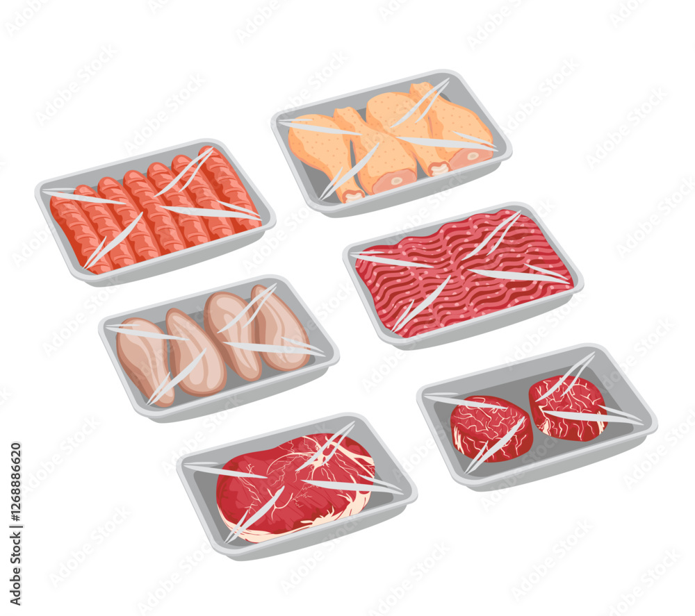 Cartoon meat trays. Keeping food in polyethylene whole package tray ...
