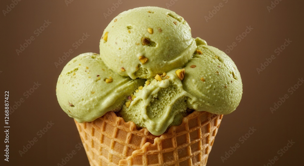 Delicious Pistachio Ice Cream Cone with Toppings on a Brown Background ...