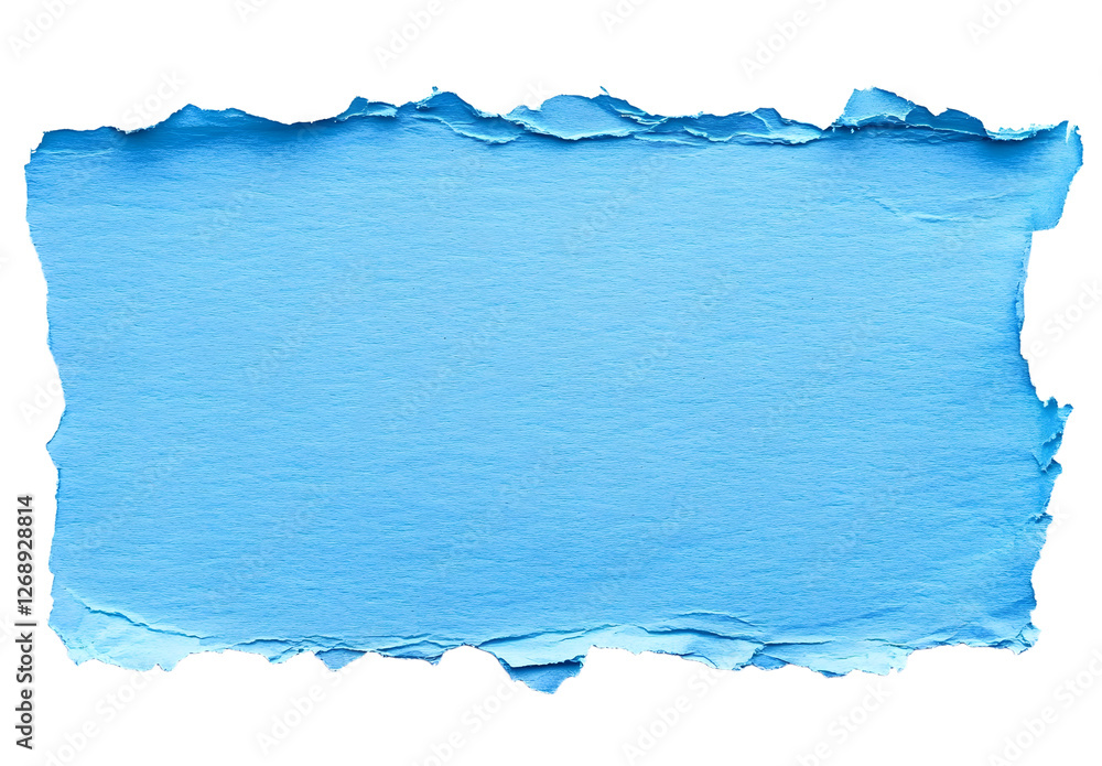 Isolated cut out torn piece of blank blue paper note cardboard with ...