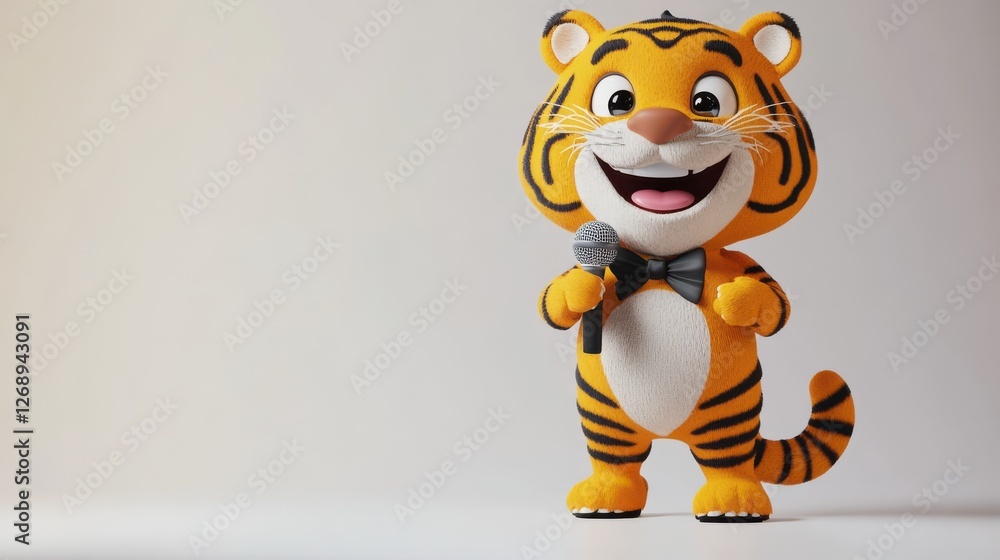 Cute cartoon tiger character holding microphone in cheerful pose Stock ...