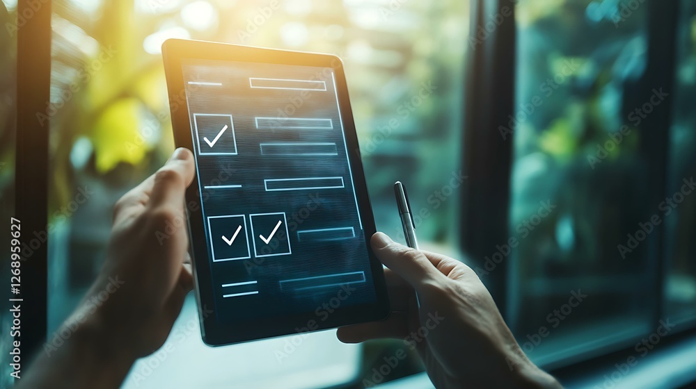 A digital touchscreen interface displaying a checklist with completed ...